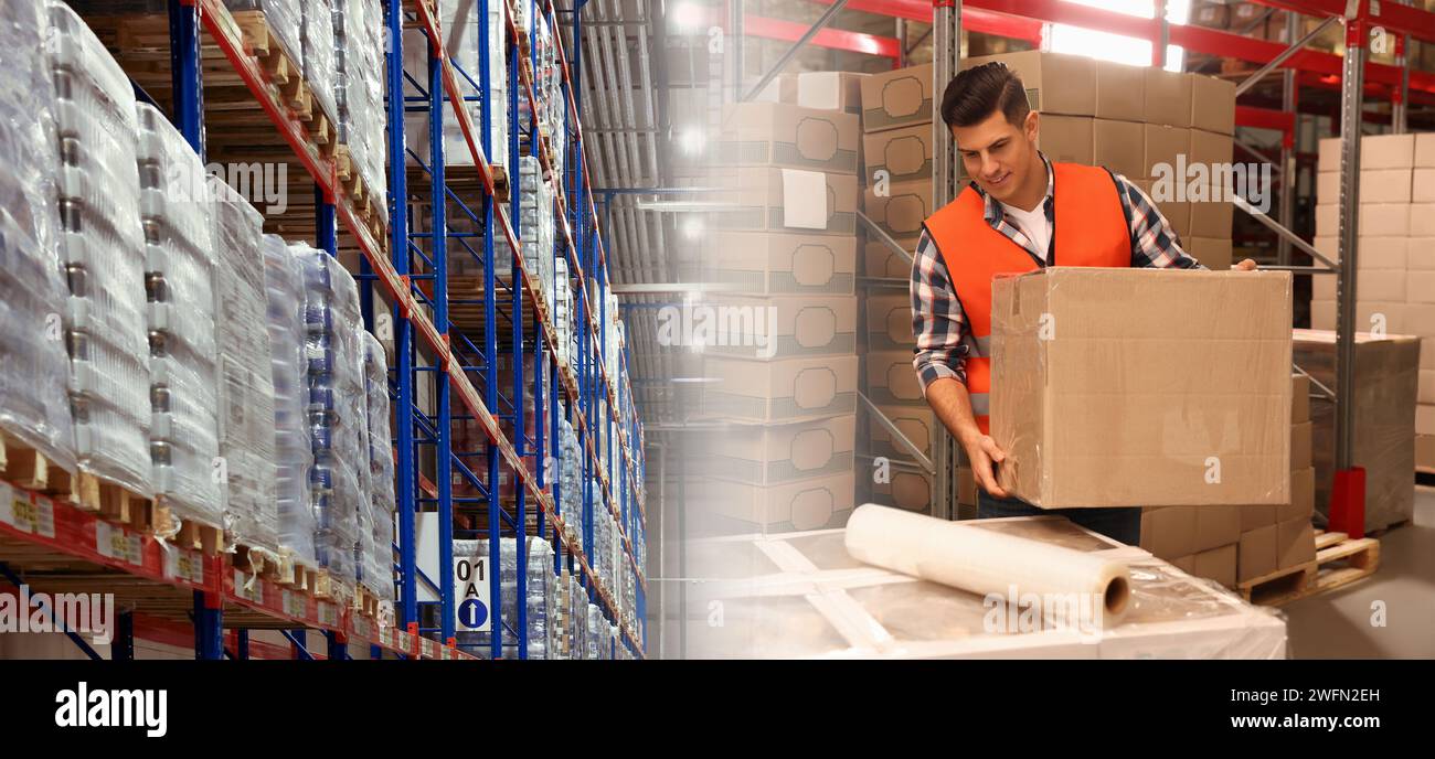 Distribution. Worker with cardboard box in warehouse, double exposure ...