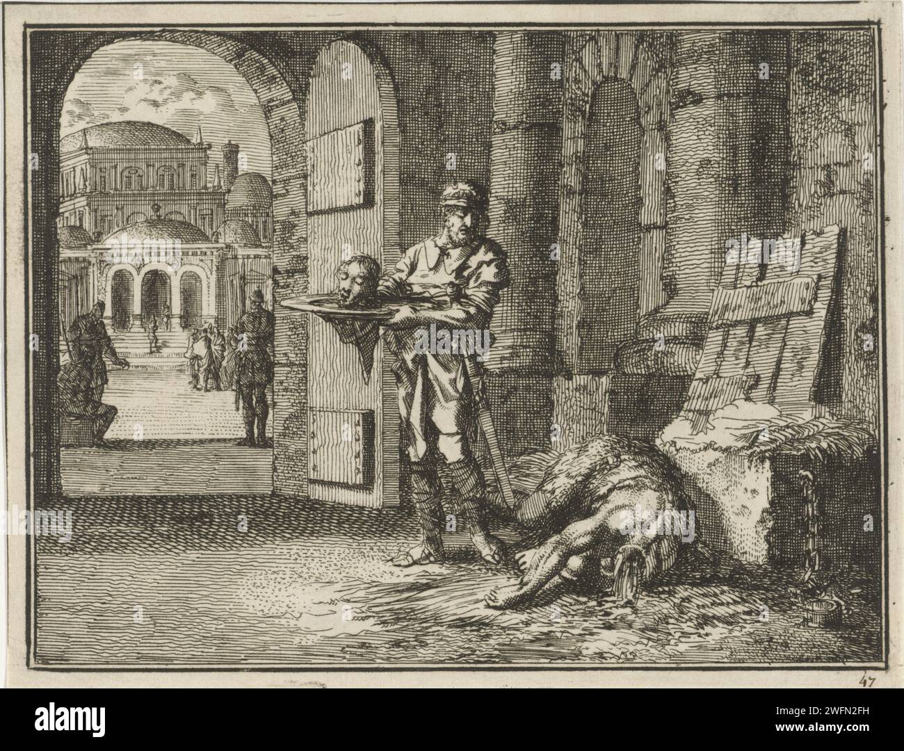 Johannes de Baptist in prison, Jan Luyken, 1712 print Amsterdam paper etching the beheading of ...