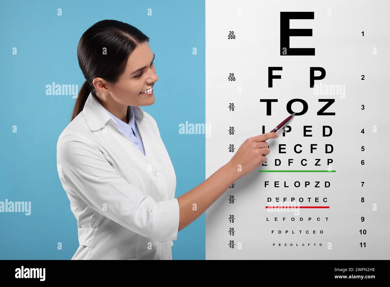 Ophthalmologist pointing at vision test chart on light blue background ...