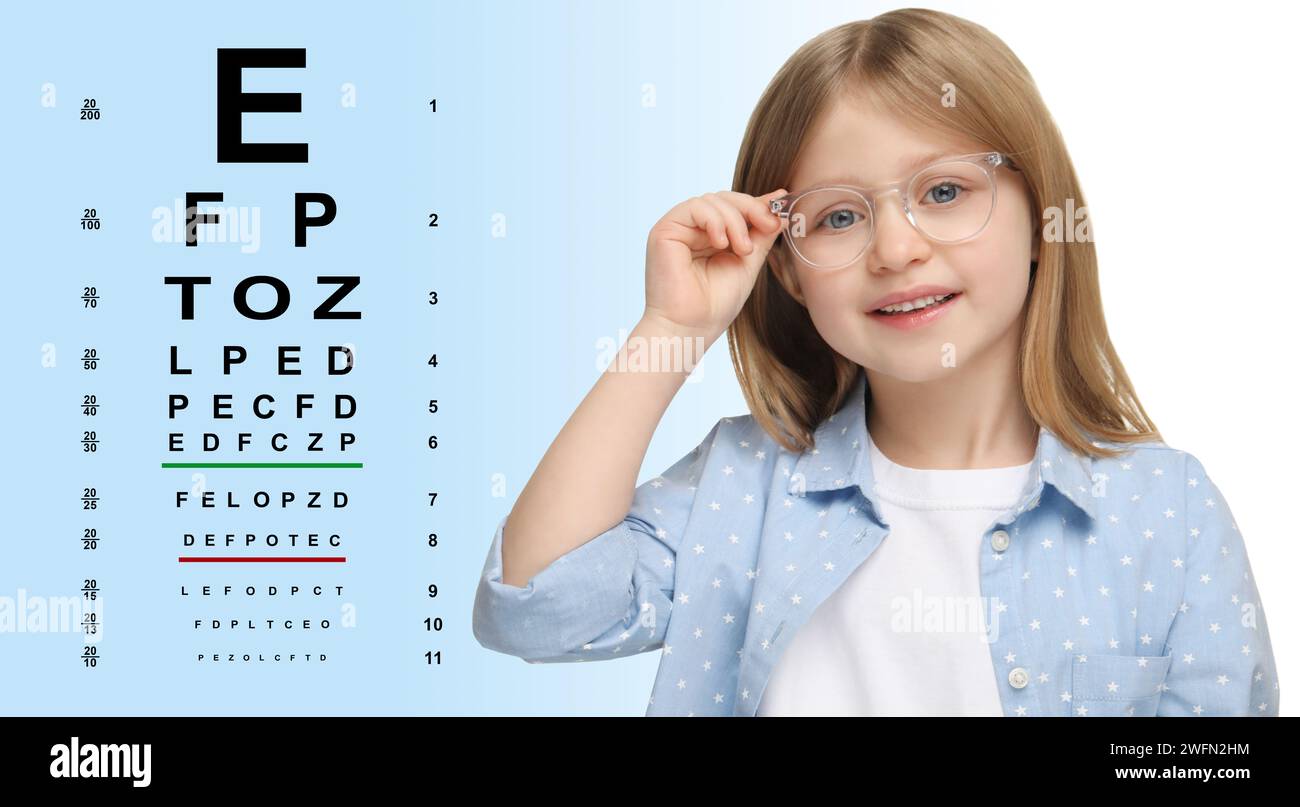 Vision test. Little girl in glasses and eye chart on gradient ...