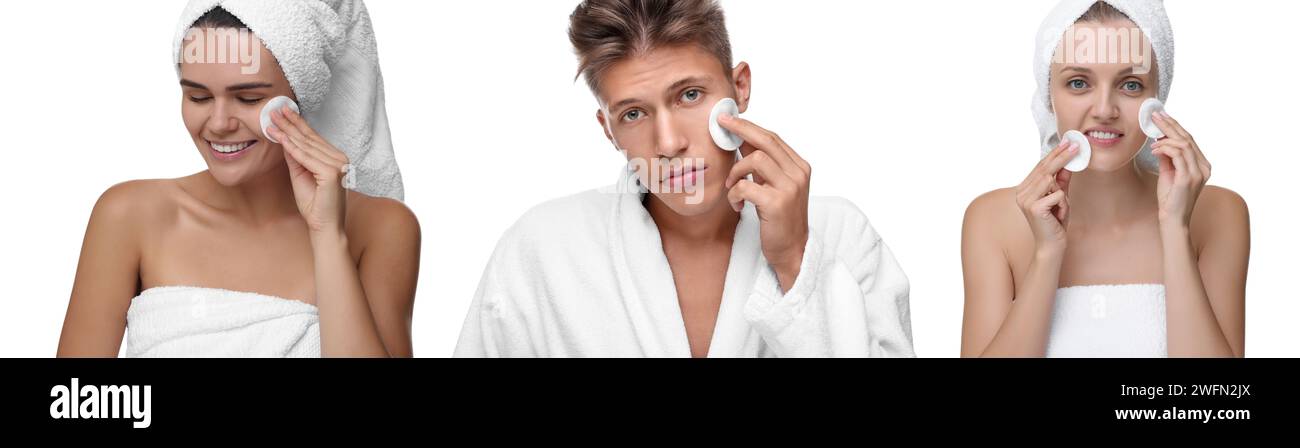 People cleaning faces with cotton pads on white background, set of ...