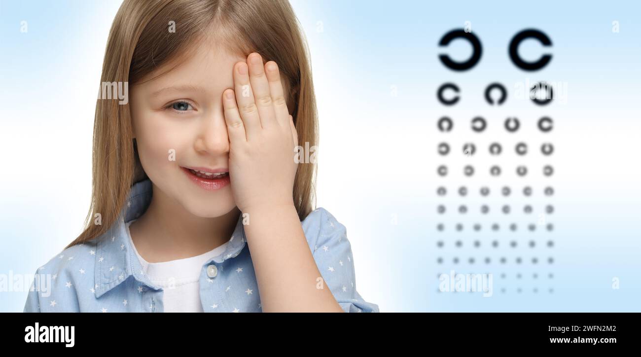Vision test. Little girl and eye chart on gradient background. Banner ...