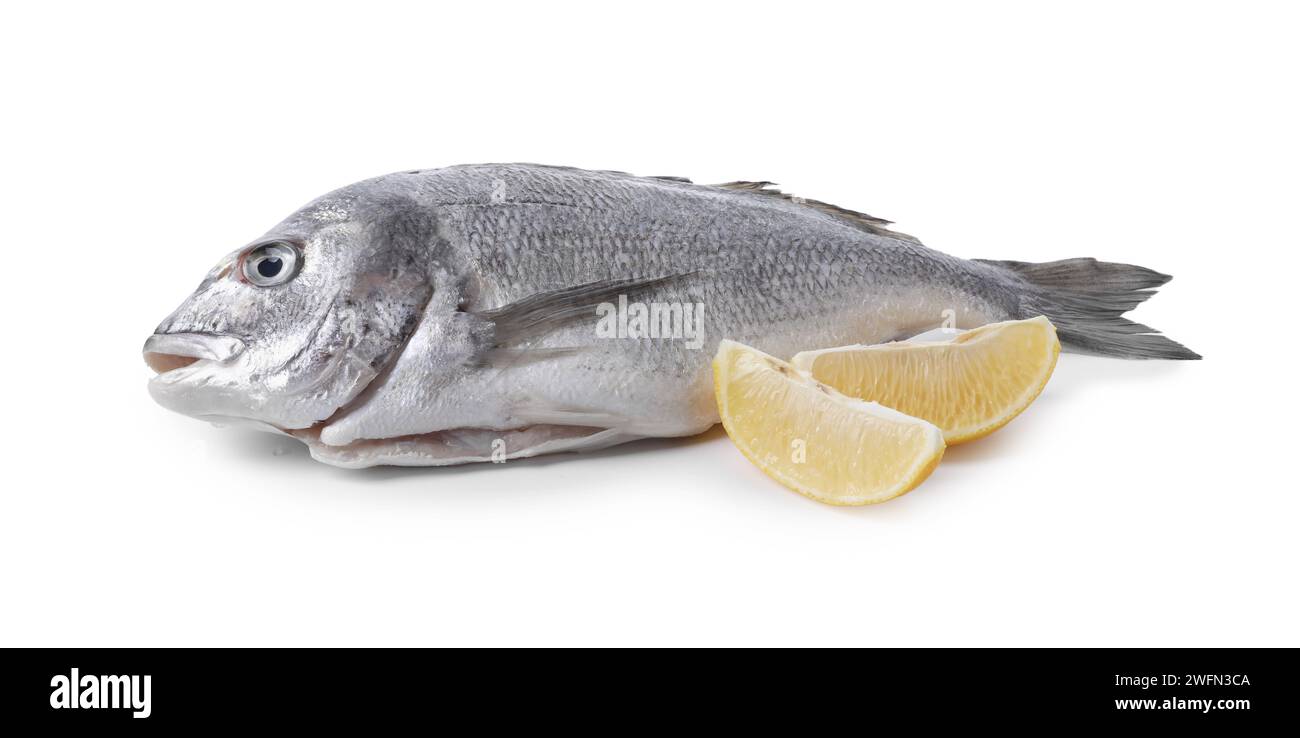 Raw dorado fish and lemon wedges isolated on white Stock Photo - Alamy
