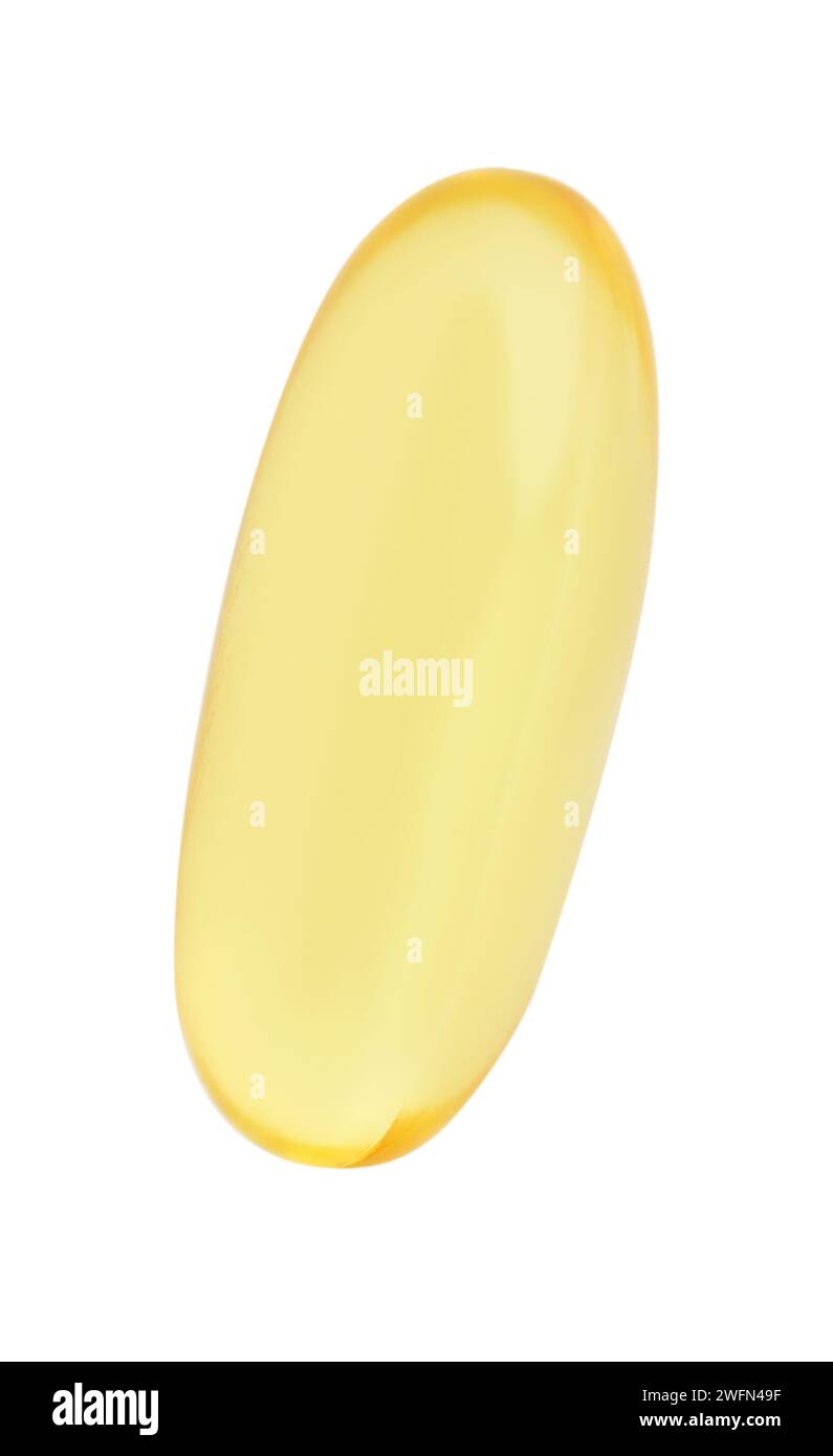 One yellow vitamin capsule isolated on white, top view Stock Photo - Alamy