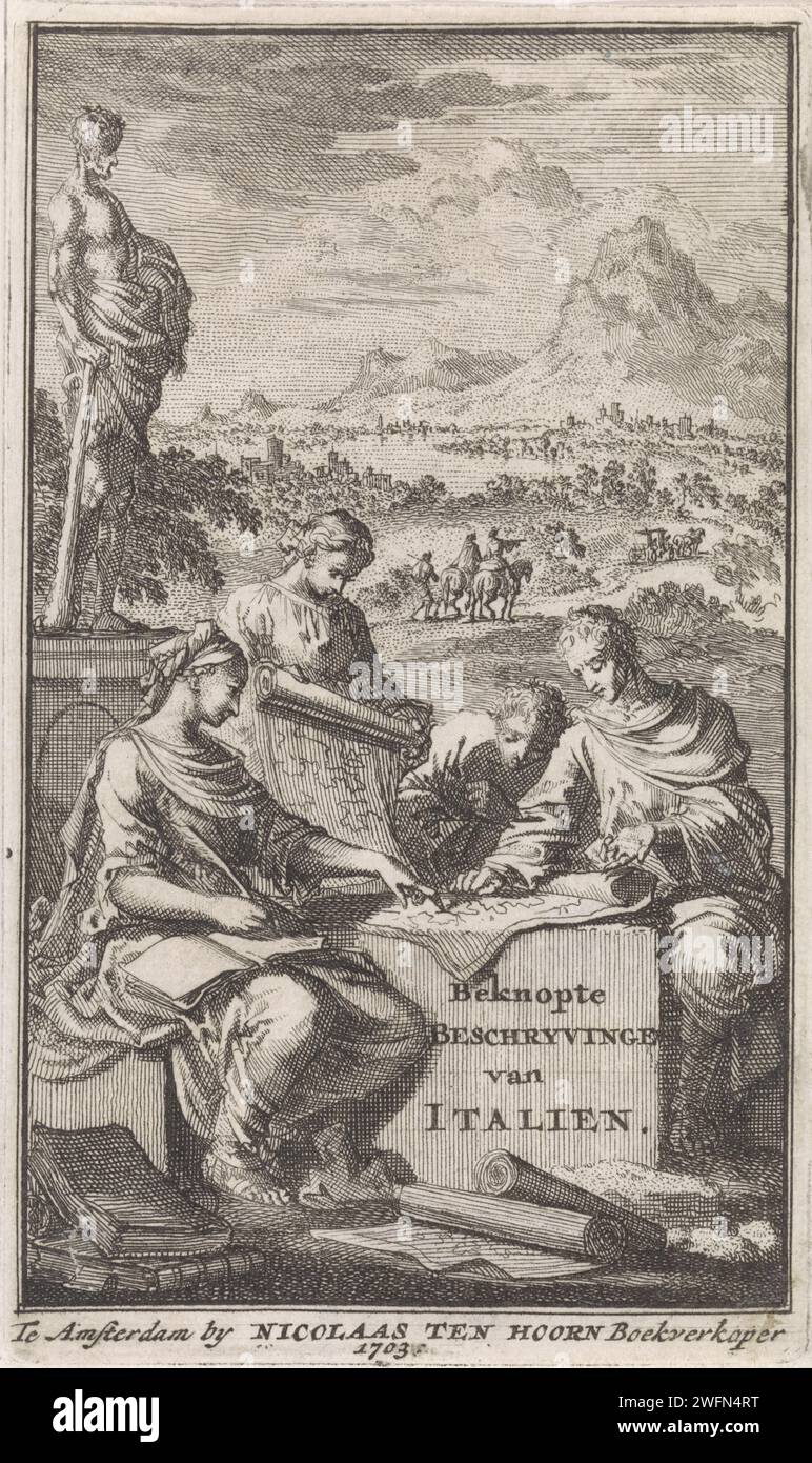 Four figures study a map, Jan Luyken, 1703 print Amsterdam paper ...