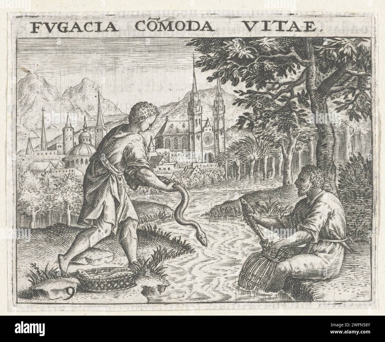A fisherman catches a snake, Theodor de Bry, after Jean Jacques ...