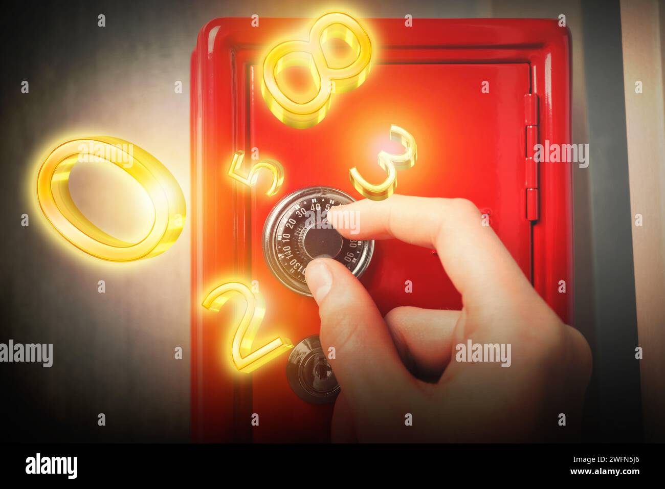 Man locking steel safe, closeup. Numbers symbolizing code combination ...