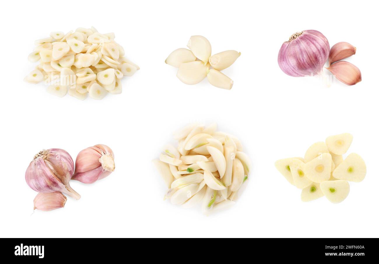 Whole and cut fresh garlic isolated on white, set Stock Photo - Alamy