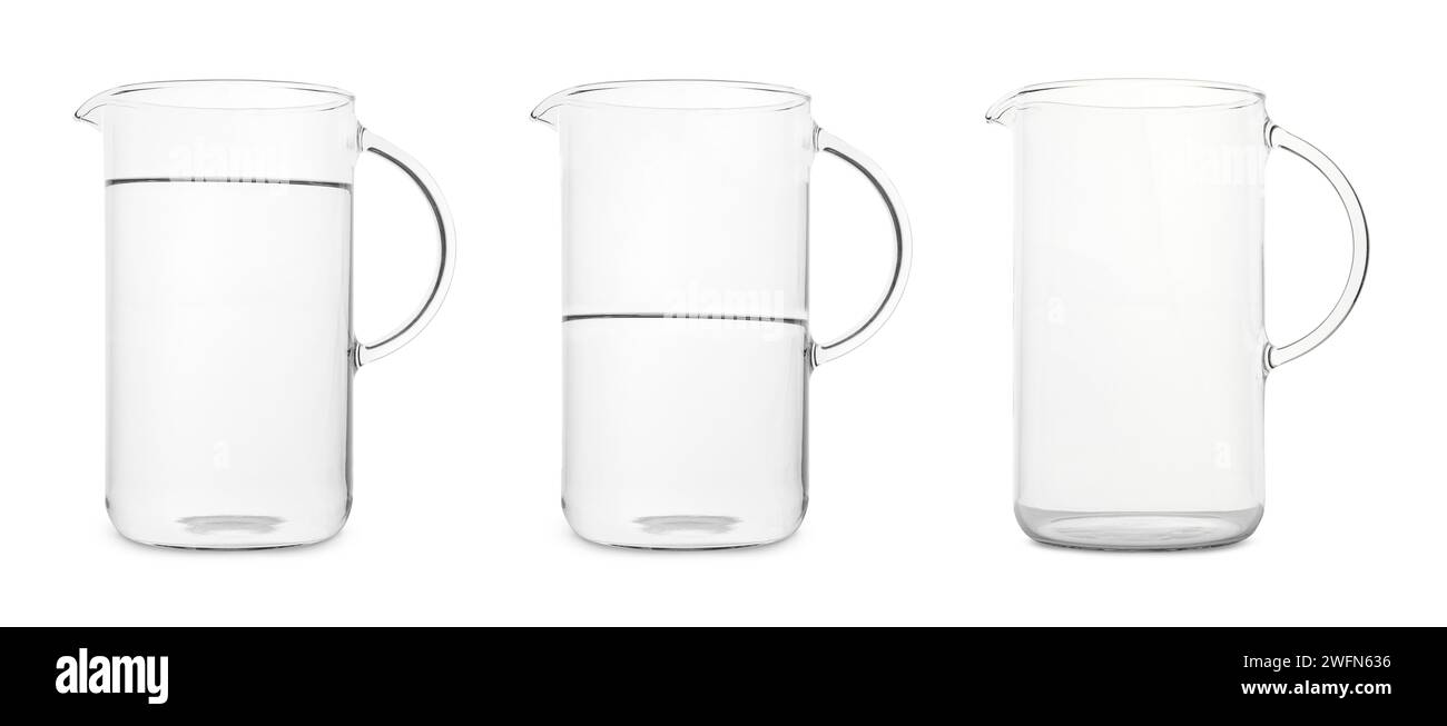 Glass jug isolated on white, collage with empty, semi filled and full ...
