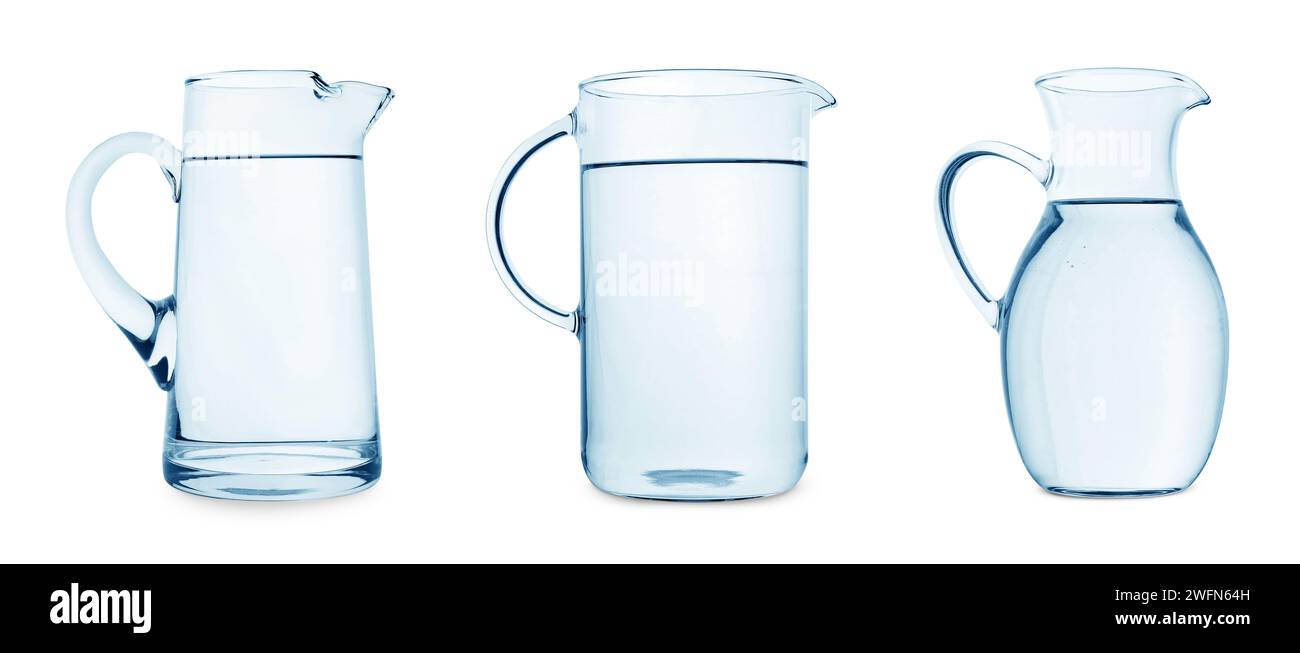 Glass jugs full of water isolated on white, collection Stock Photo - Alamy