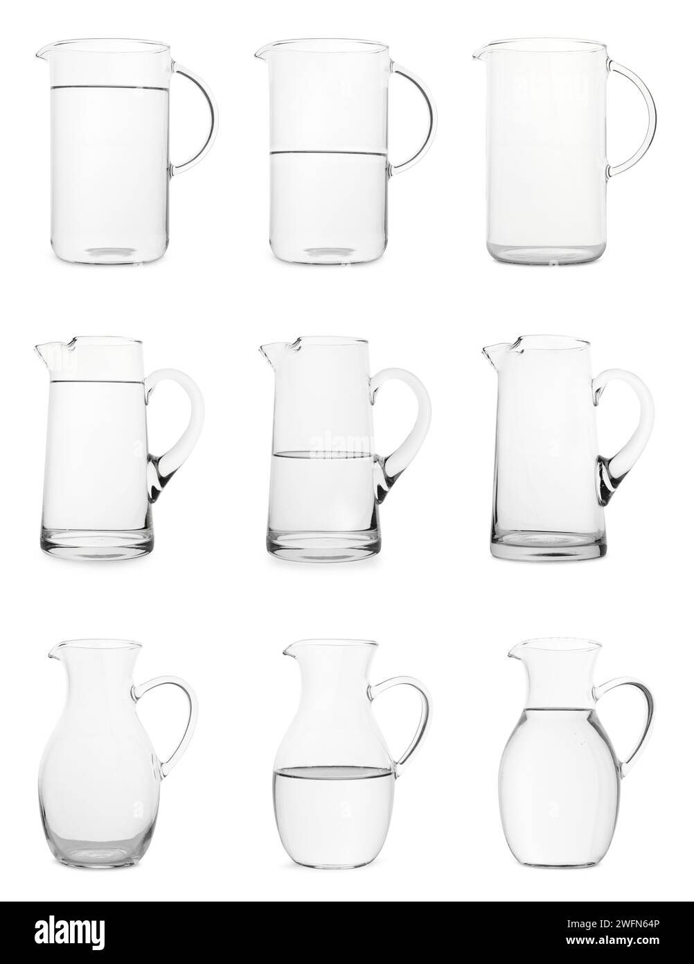 Glass jugs isolated on white, collage with empty, semi filled and full ...