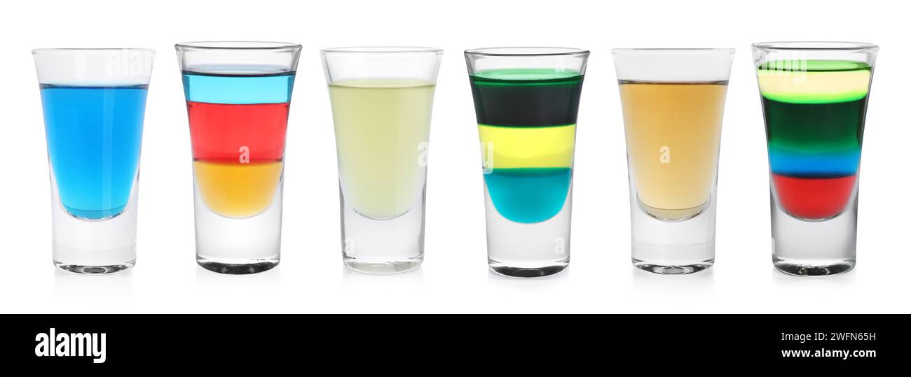 Different shooters in shot glasses isolated on white, set Stock Photo ...