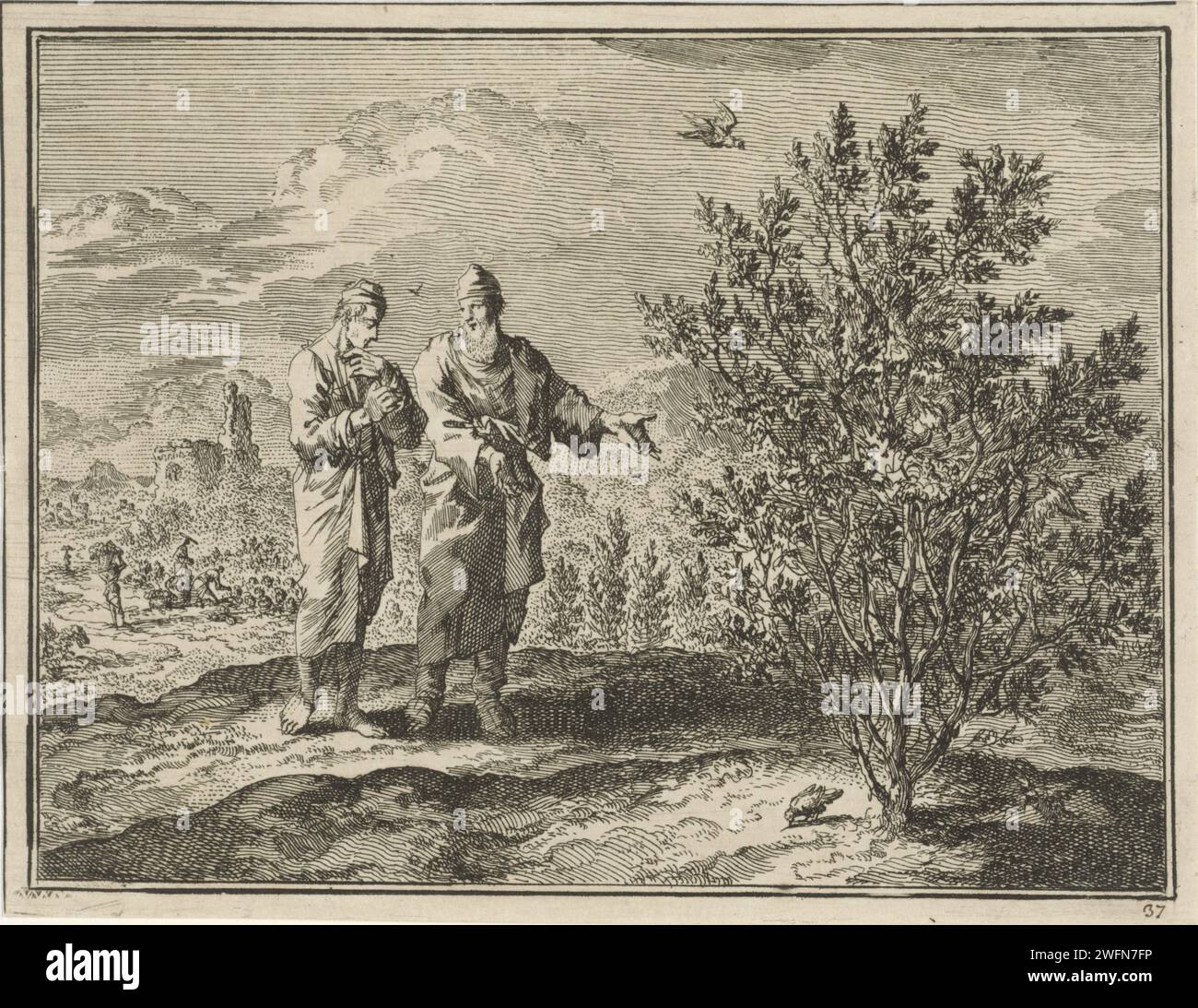 Two men consider a shrub, raised from mustard seeds, Jan Luyken, 1712 ...