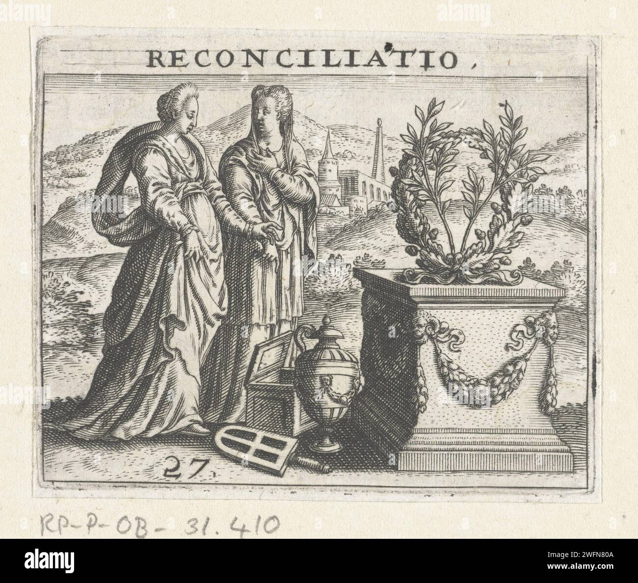 Two women at a grave monument, 1596 print Two women are at a burial ...