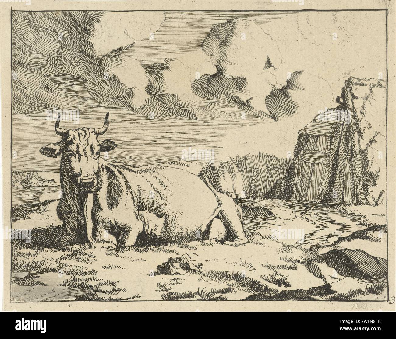 Lying cow, 1728 - c. 1761 print The Hague paper etching cow Stock Photo ...