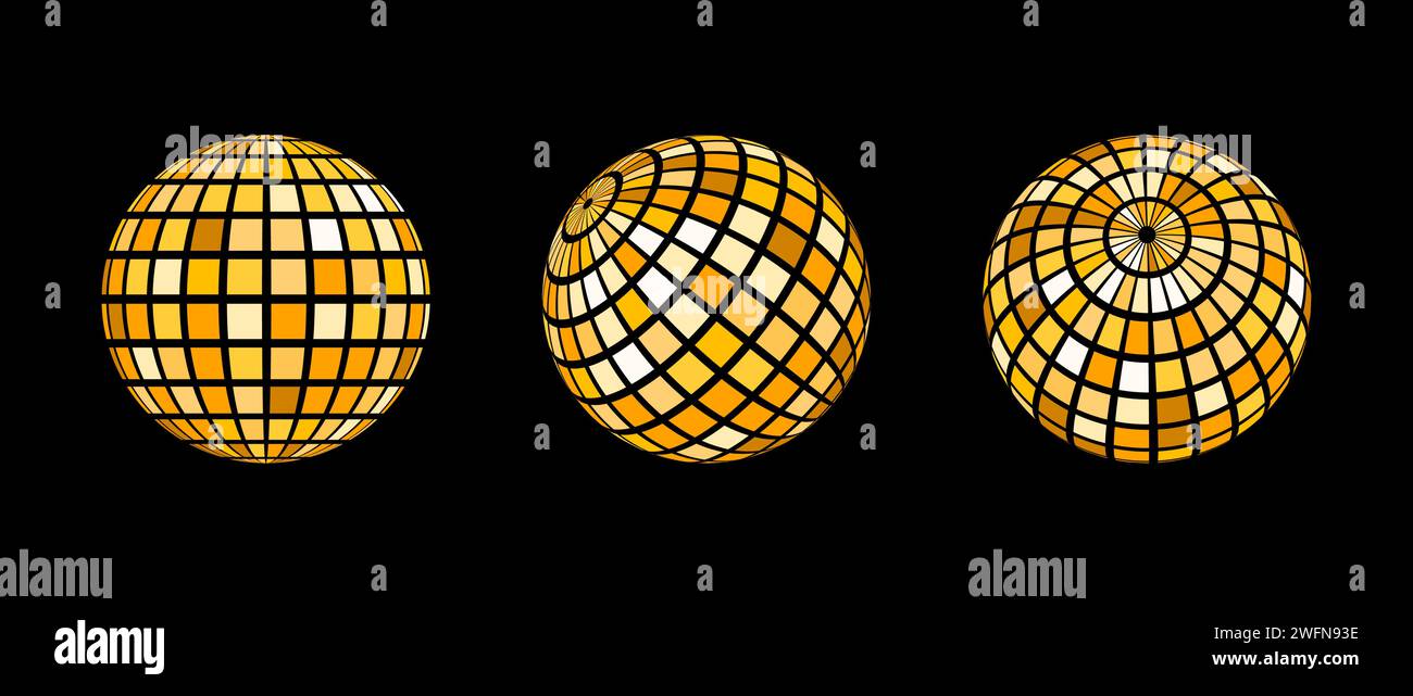 Yellow disco ball set. Collection of wireframe spheres in different ...