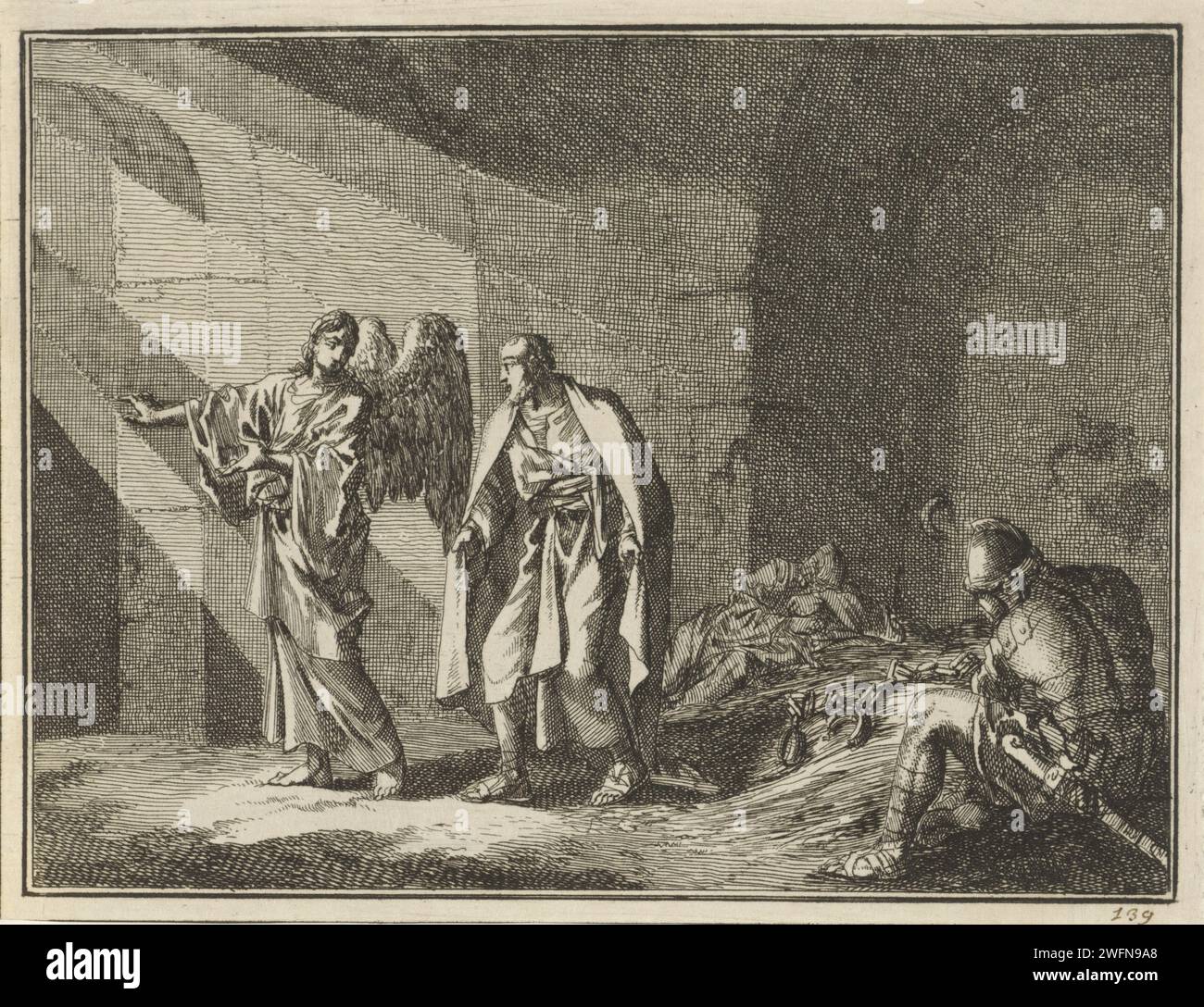 Peter liberated by the angel from prison, Jan Luyken, 1712 print ...