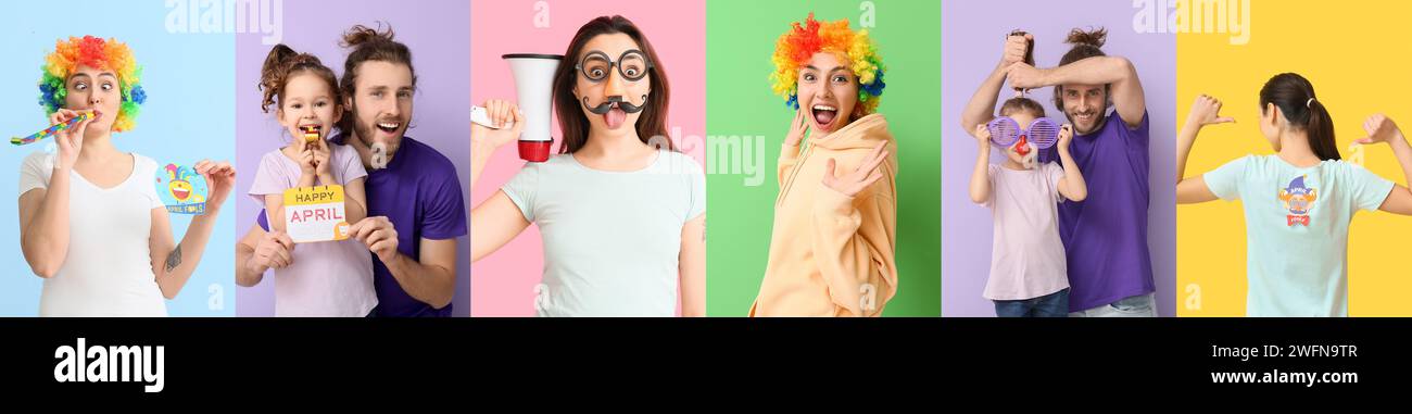 Set of many people celebrating April Fools Day on color background ...