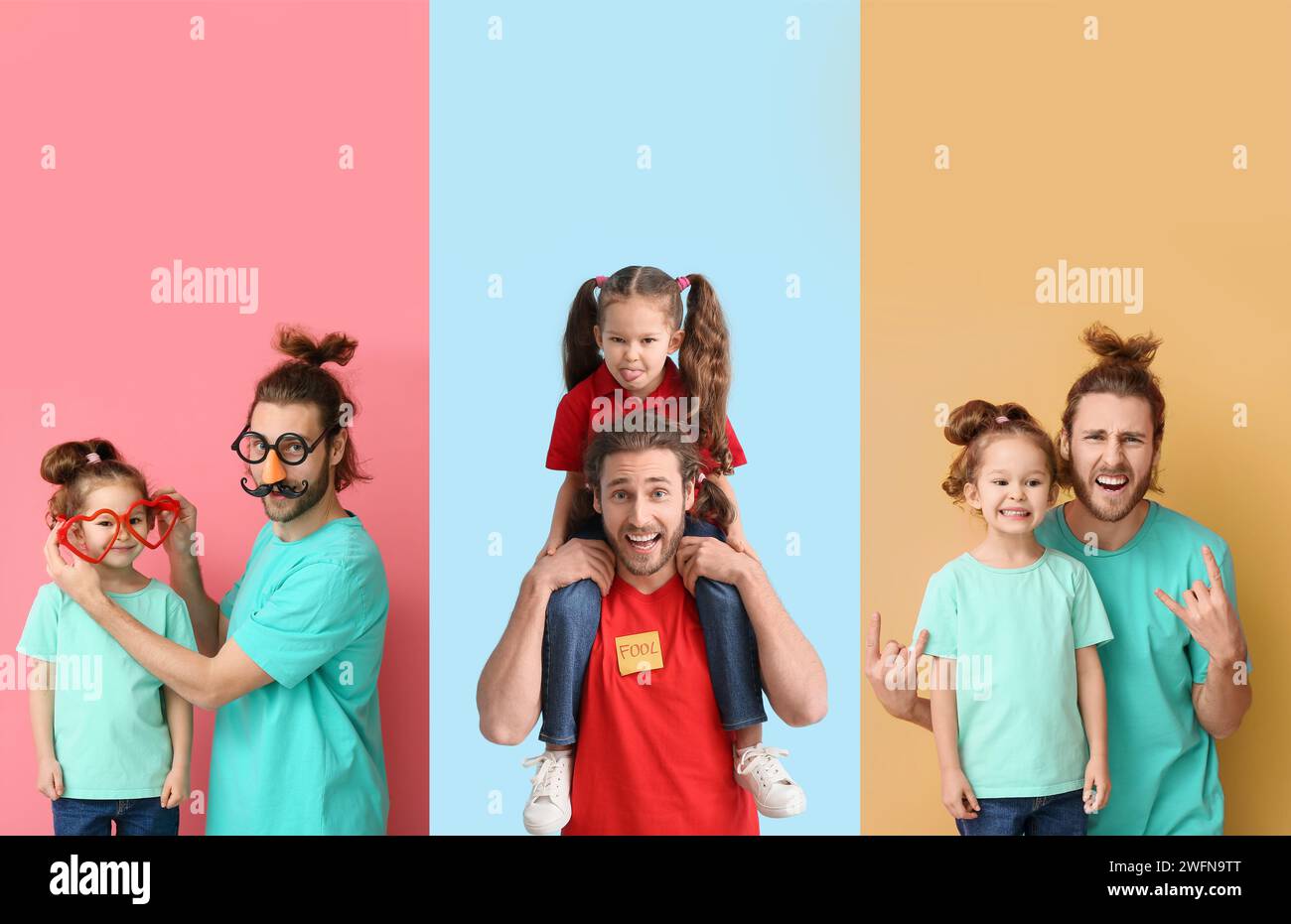 Set of father and little daughter celebrating April Fools Day on color ...