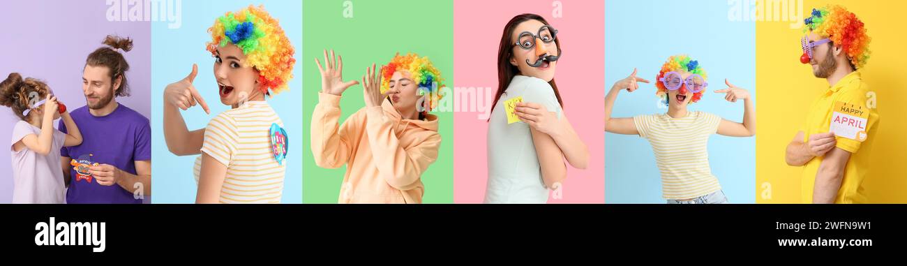 Set of different people celebrating April Fools Day on color background ...