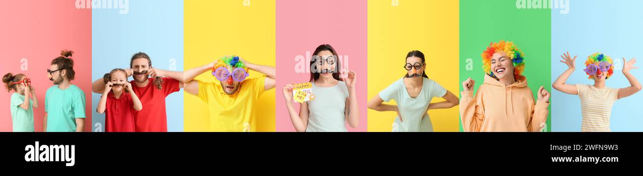 Set of people celebrating April Fools Day on color background Stock ...