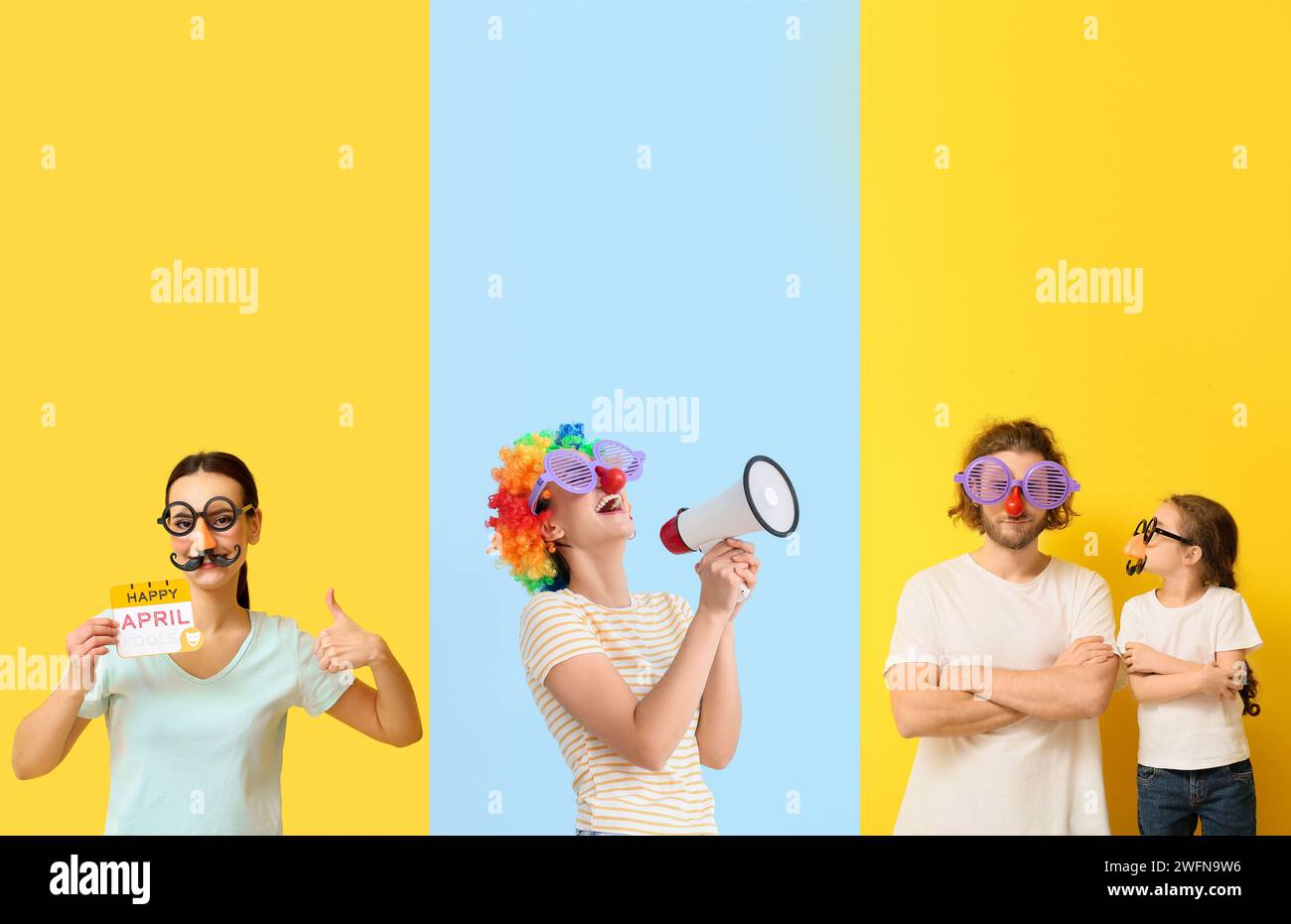 Set of people celebrating April Fools Day on color background Stock ...