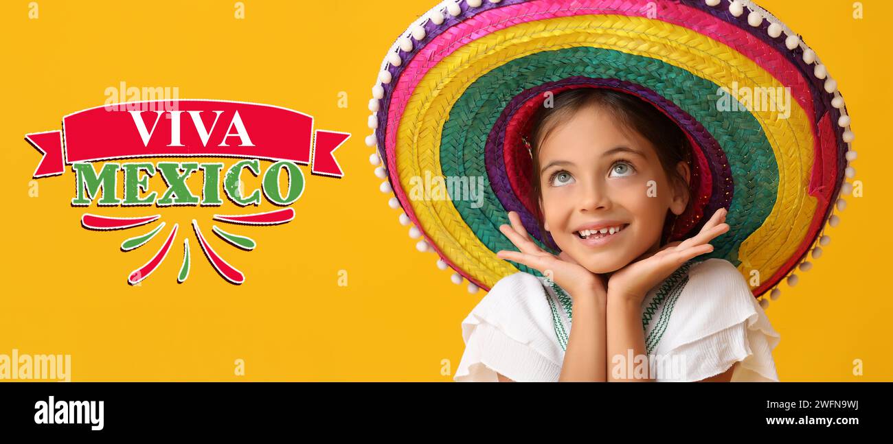 Little Mexican girl with sombrero hat and text VIVA MEXICO on yellow ...