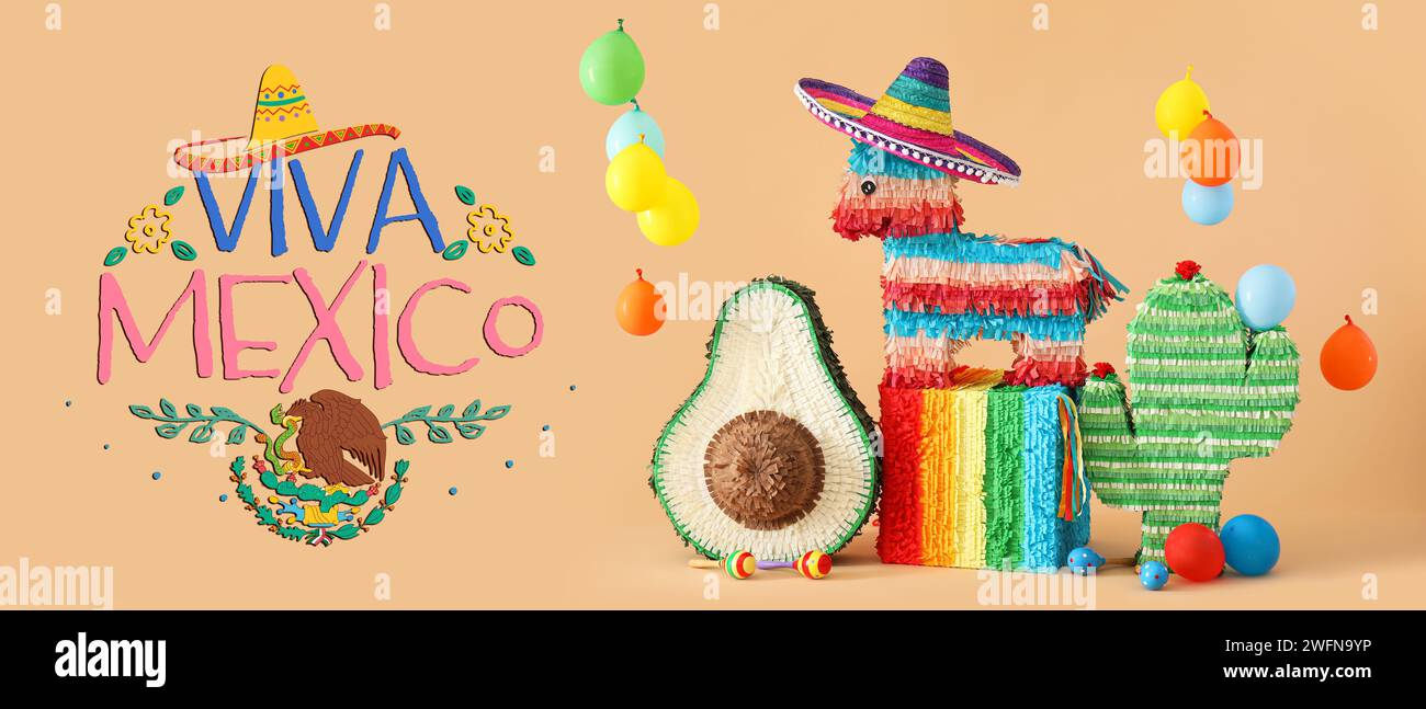 Different Mexican pinatas and balloons on beige background. Viva Mexico ...