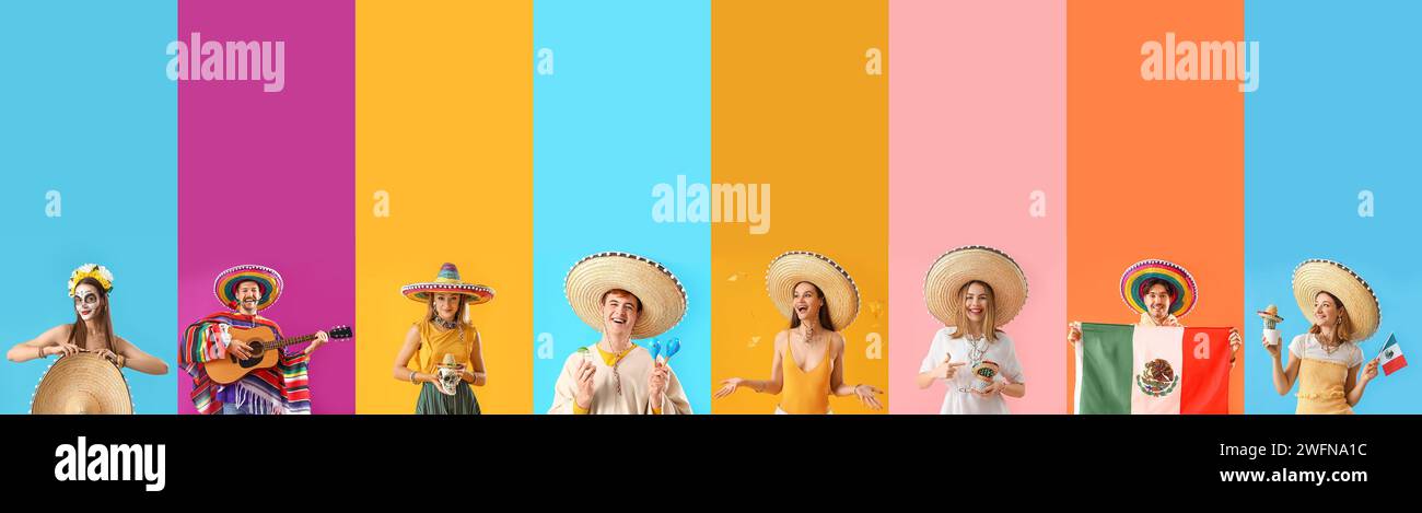 Set of different Mexican people on color background Stock Photo - Alamy