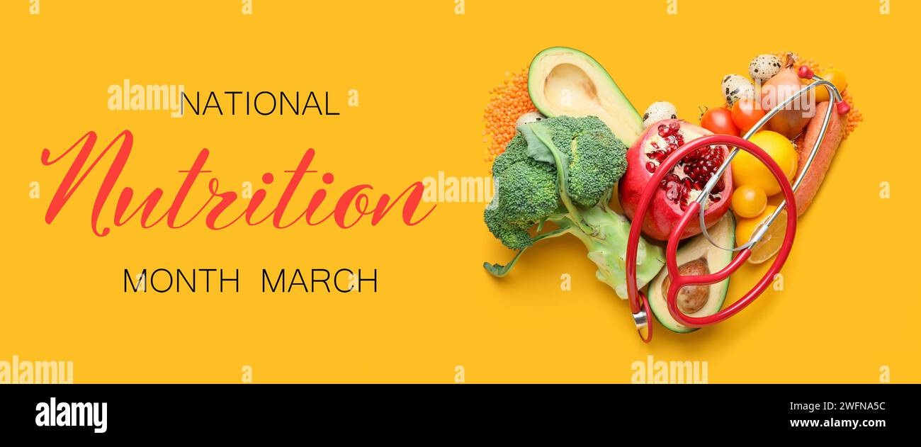 Banner for National Nutrition Month with healthy products and ...