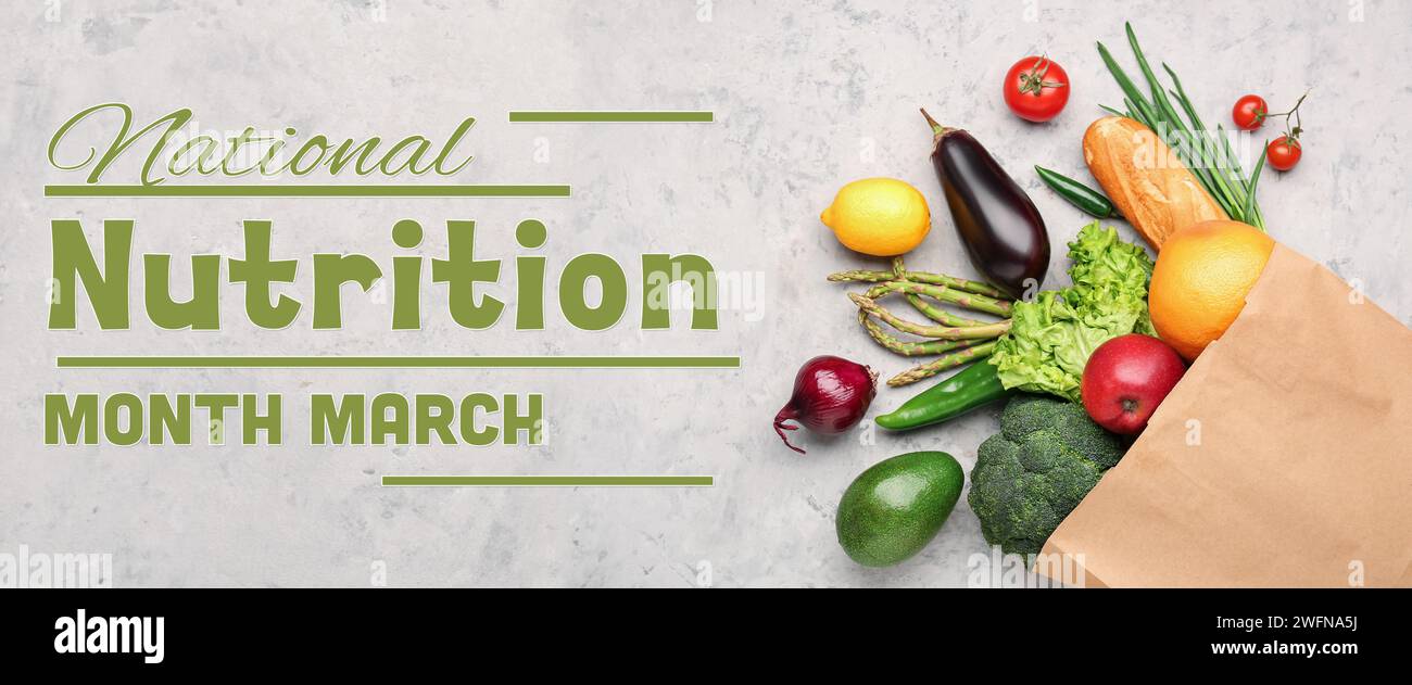 Banner for National Nutrition Month with fresh vegetables and fruits in ...