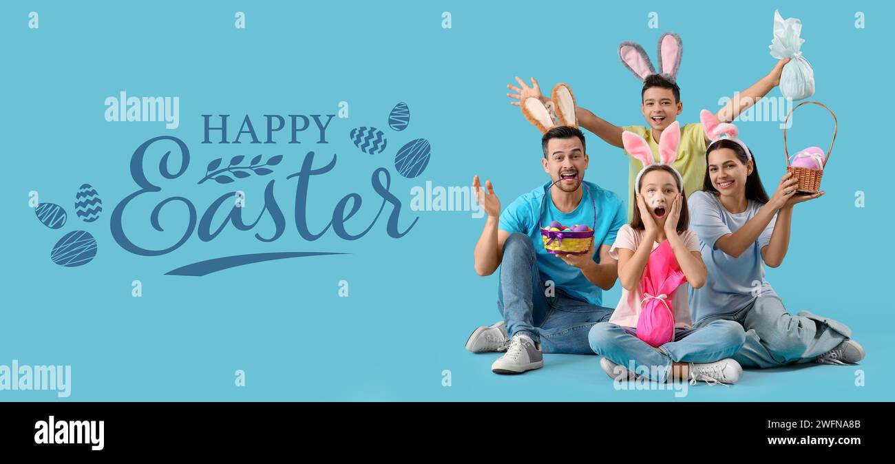 Easter banner with portrait of happy family on light blue background ...