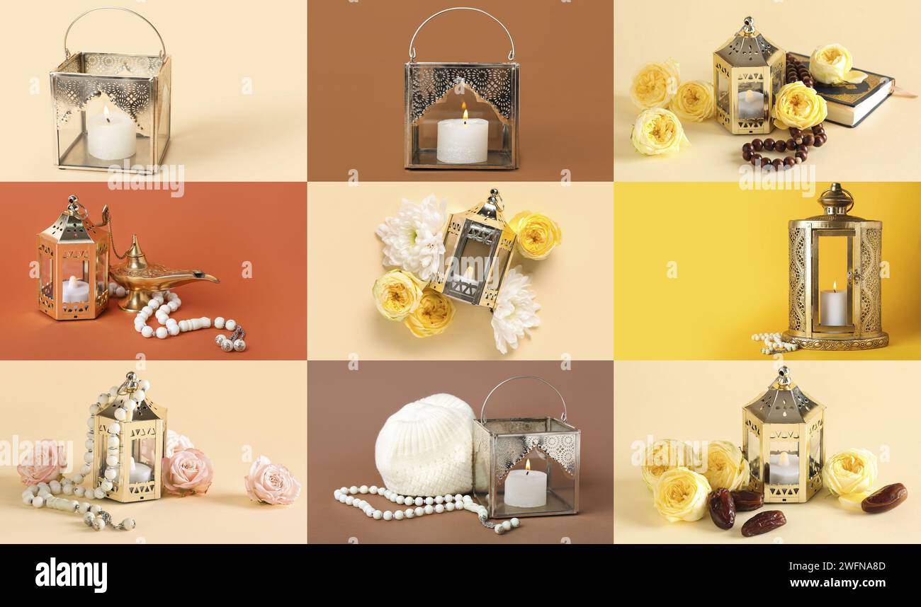Collage with Muslim lanterns, prayer beads and flowers on color ...