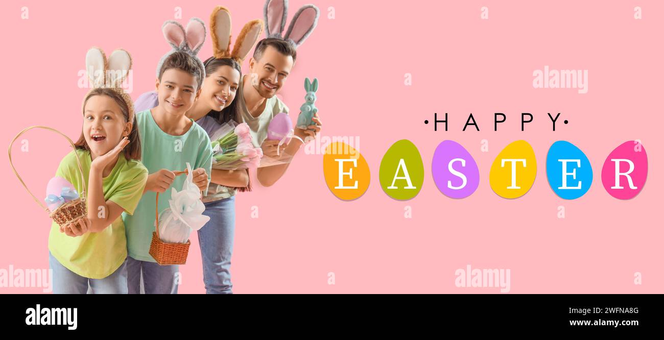 Easter banner with portrait of happy family on pink background Stock ...