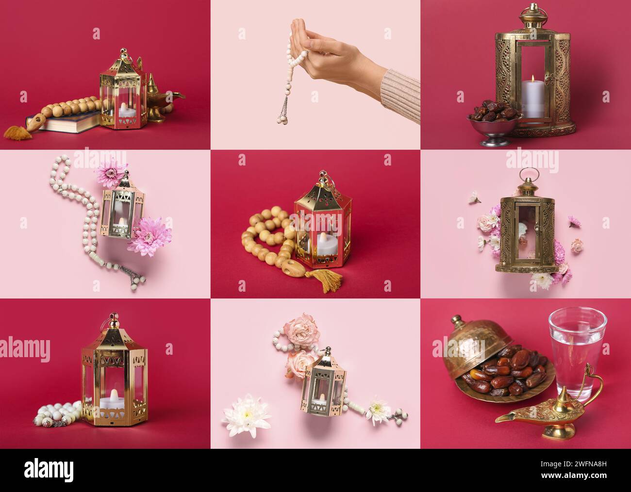 Collage with Muslim lanterns, prayer beads and dates on pink background ...