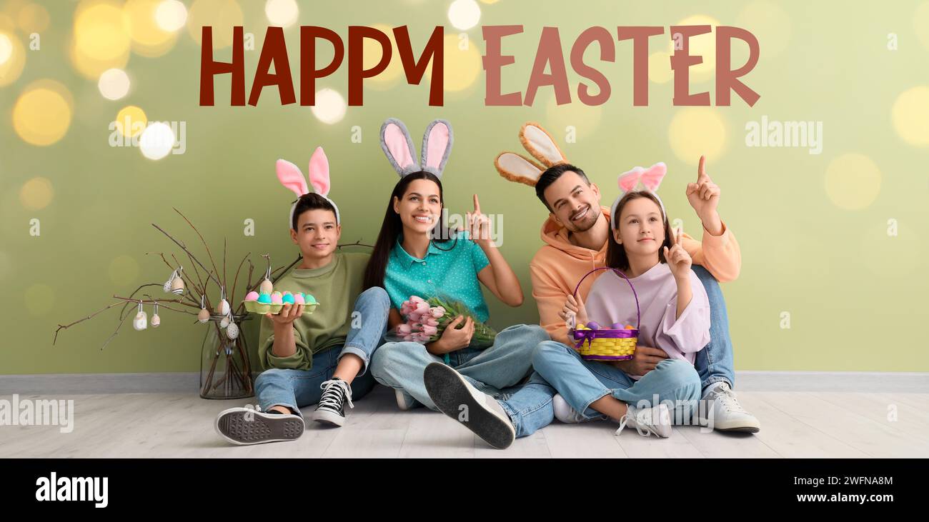 Easter banner with portrait of happy family on green background Stock ...
