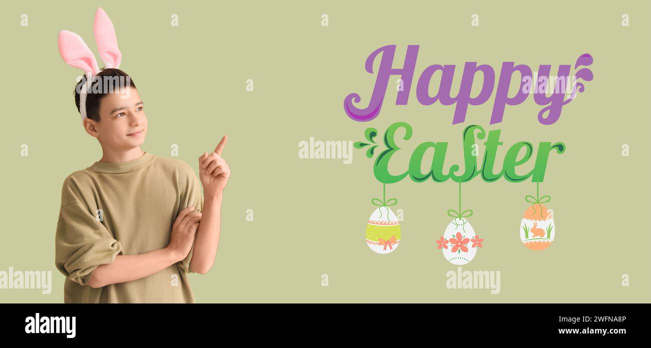 Easter banner with cute boy on green background Stock Photo - Alamy