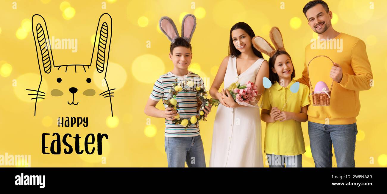 Easter banner with portrait of happy family on yellow background Stock ...