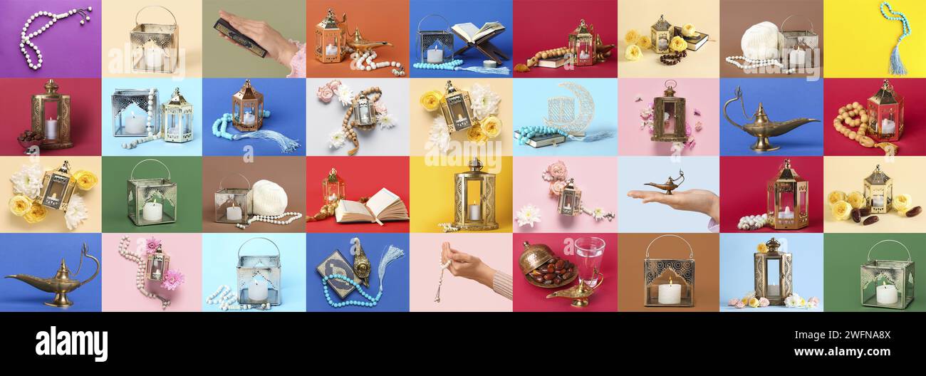 Collage with Muslim lanterns, prayer beads, Koran and dates on color ...