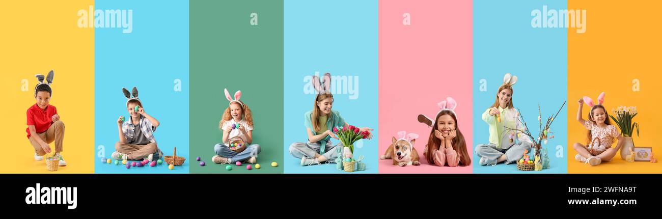 Set of people celebrating Easter on color background Stock Photo - Alamy