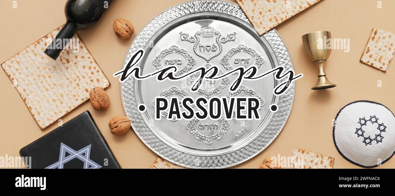 Festive banner with Passover Seder plate, matza, wine and Torah on ...