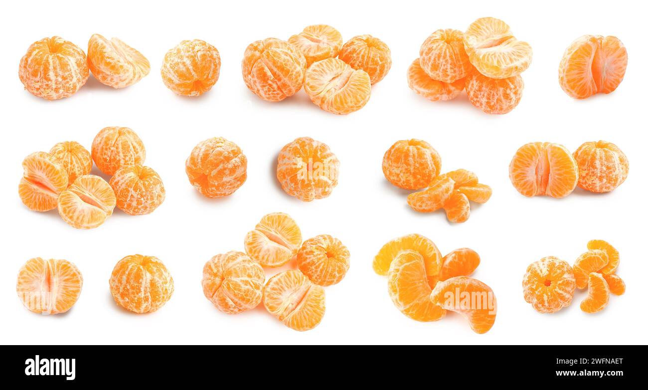 Set of fresh peeled tangerines on white background Stock Photo - Alamy