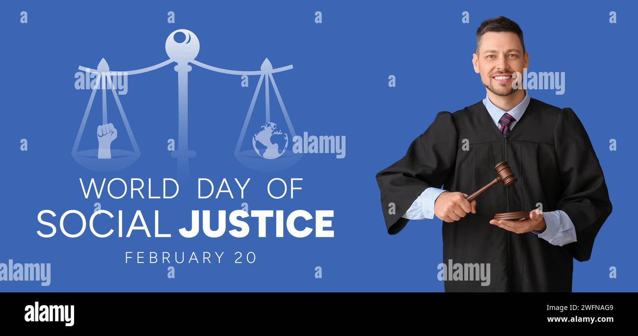 Banner for World Day of Social Justice with male judge holding gavel ...