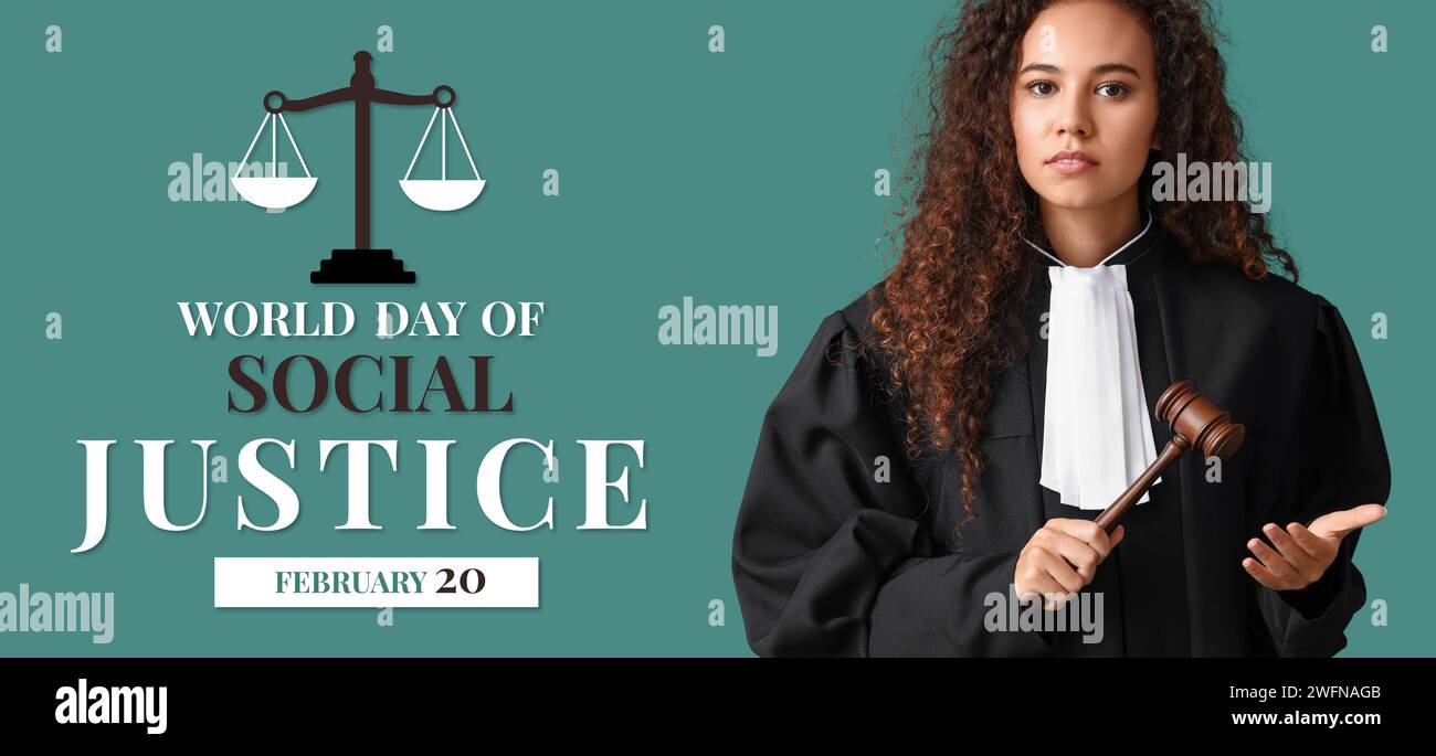 Banner for World Day of Social Justice with female judge holding gavel ...