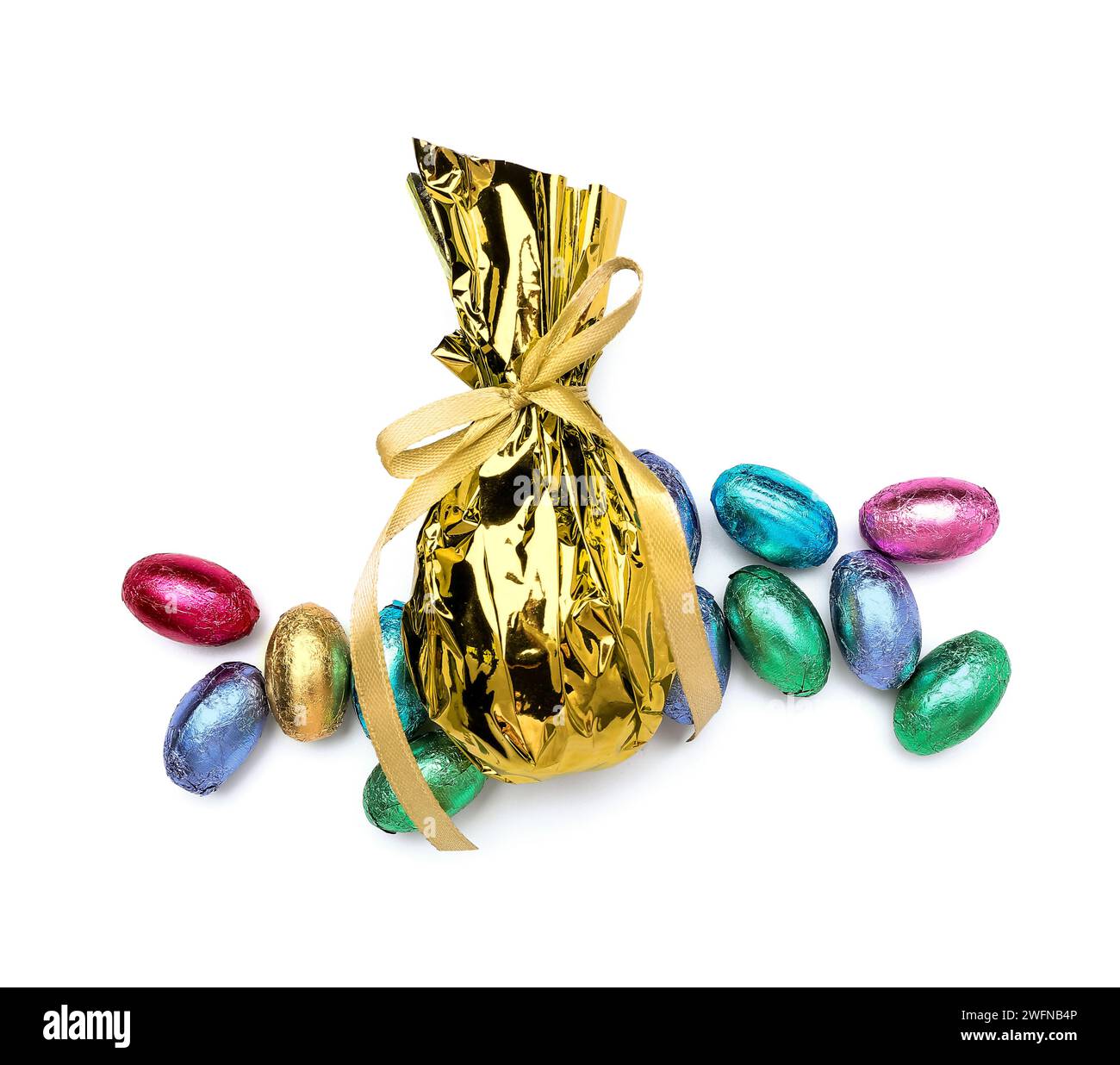 Chocolate Easter eggs wrapped in foil on white background Stock Photo ...