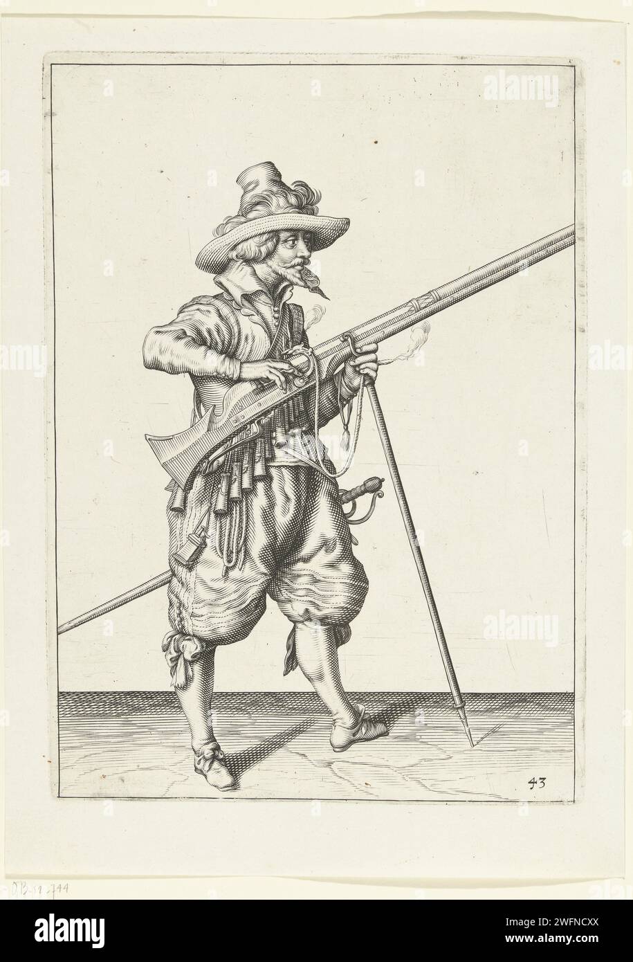 Soldier on guard the pan of his musket with two fingers against sparks ...