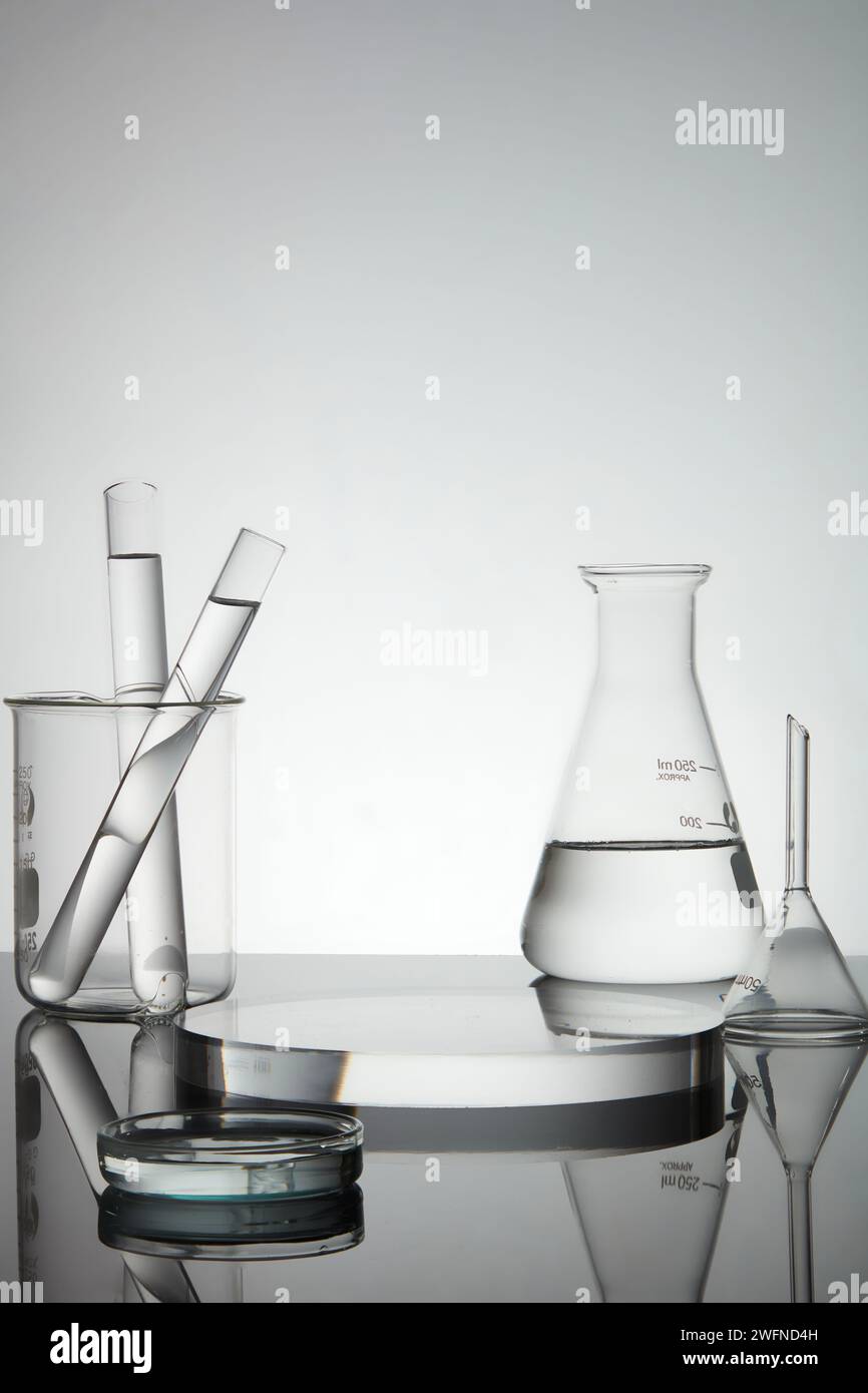 Test tubes, petri dish and erlenmeyer flask containing water ...