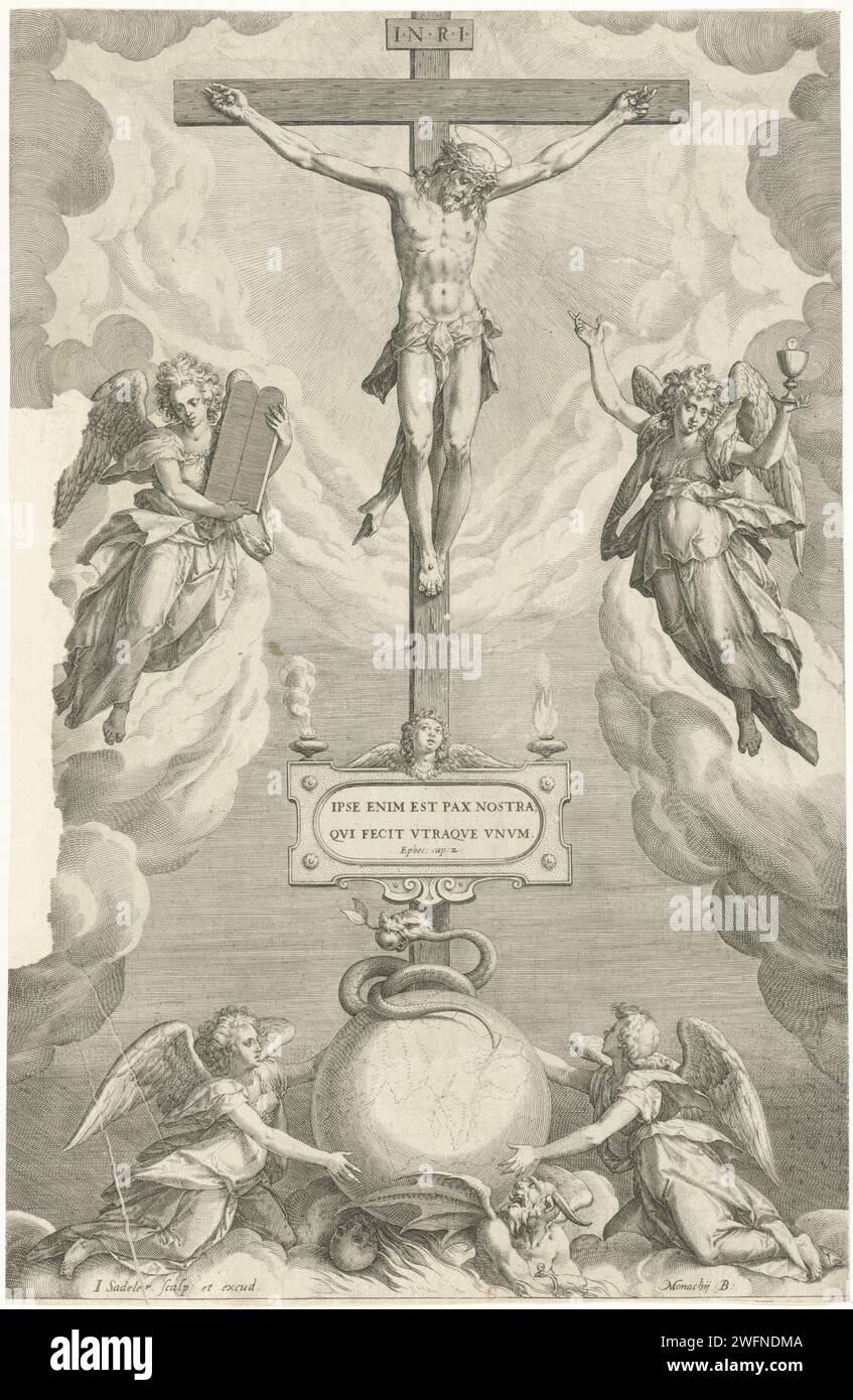 Christ on the cross with angels, Johann Sadeler (I), 1588 - 1595 print ...