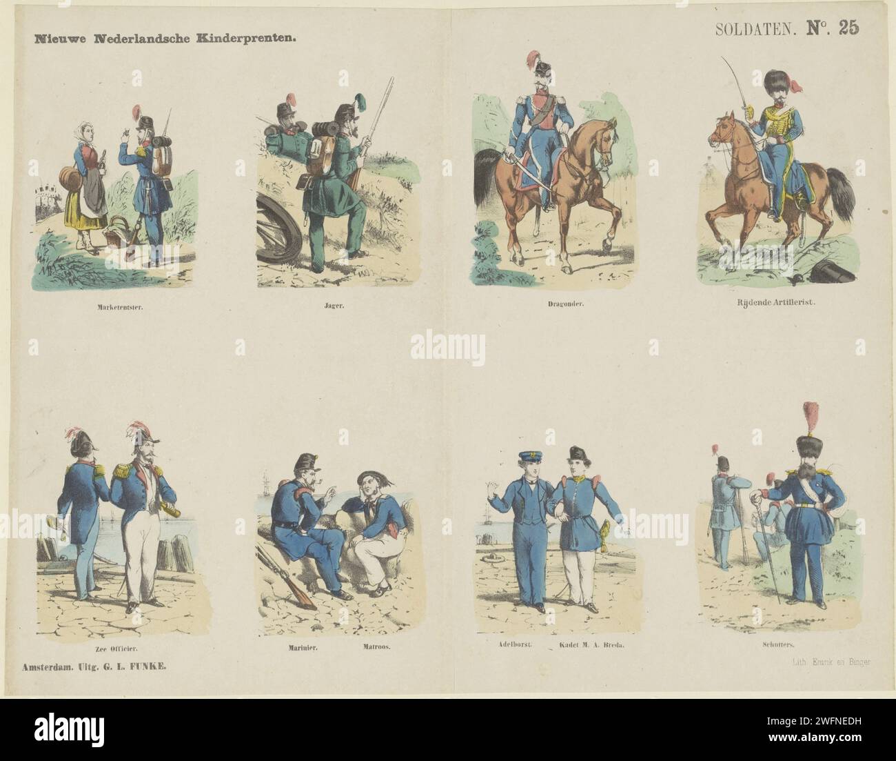 Soldiers, 1865 - 1875 print Leaf with 8 representations of soldiers, including a dragonder, an ...