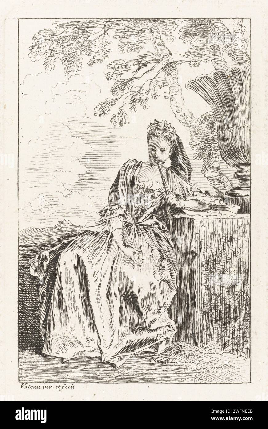 Sitting lady dressed according to the fashion of ca. 1710, Jean Antoine ...
